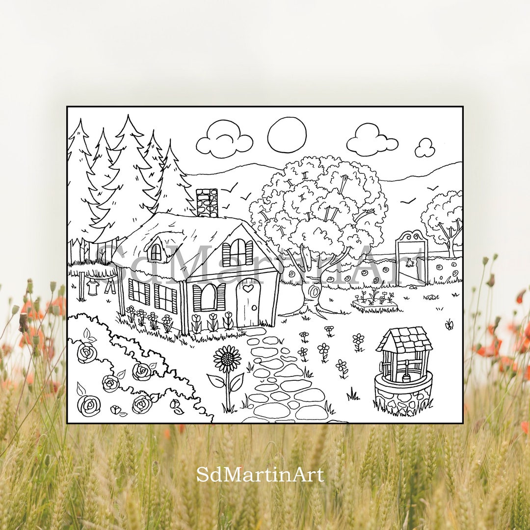 Cozy Cottage Coloring Page: Hand-drawn Illustration (digital Download ...