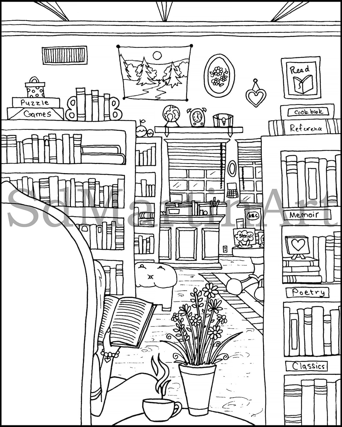 Cozy Bookstore Printable Adult Coloring Book Page for Adults Teens, and ...