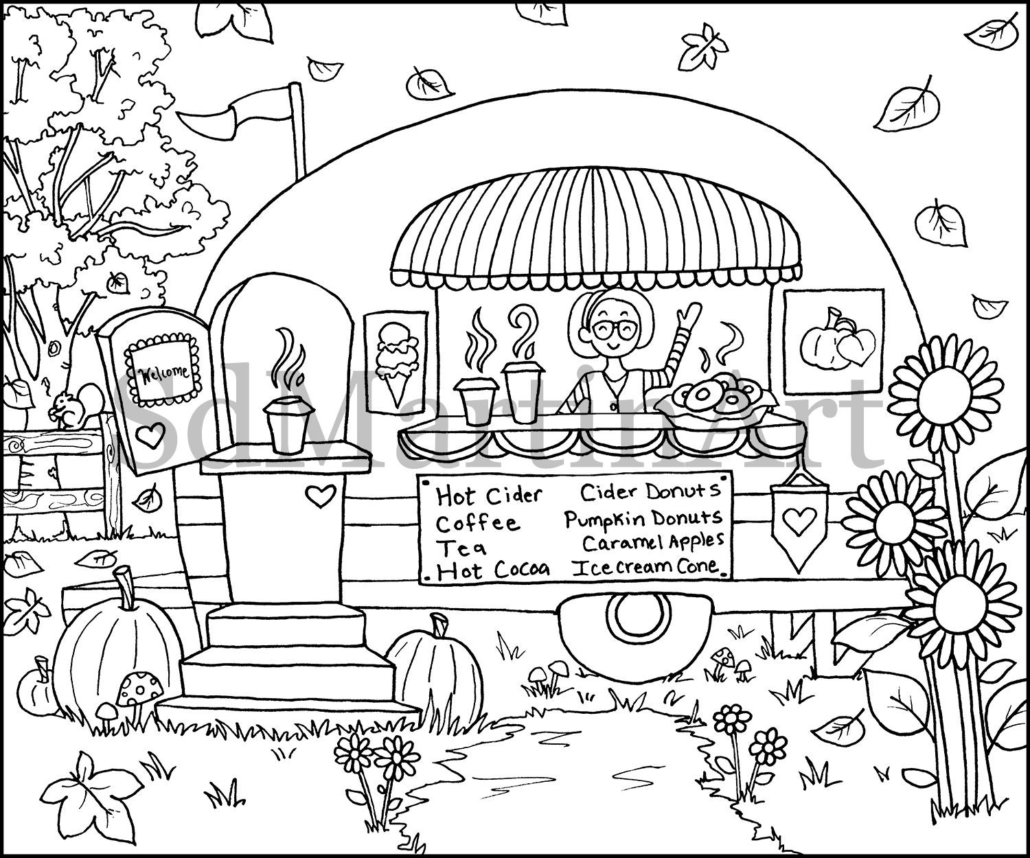 Printable Autumn Coloring Page-hot Coffee and Cider Food Truck-adult ...