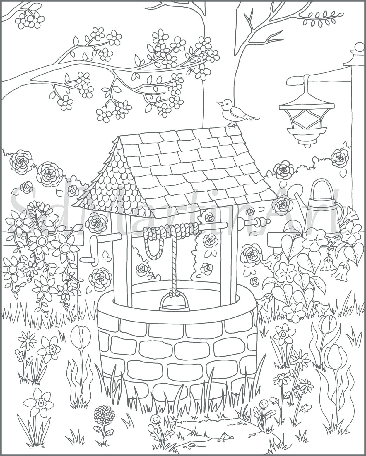 Flower Garden Wishing Well - Printable Adult Coloring Book Page - for ...