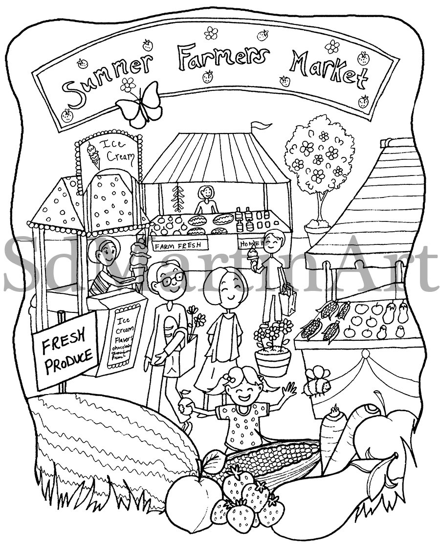 Summer Farmers Market-printable Adult Coloring Book Page-for Adults ...