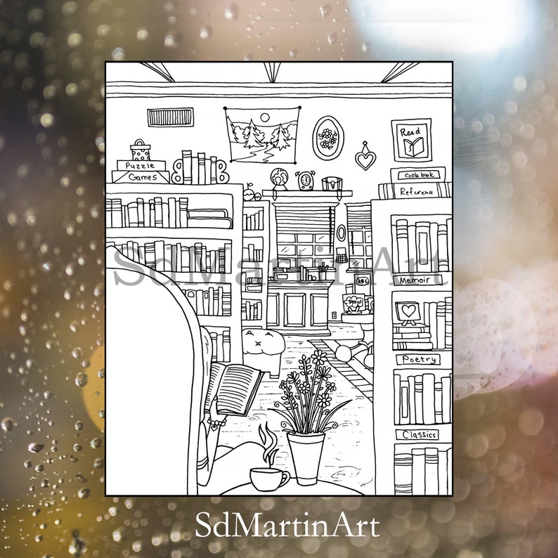 Cozy Bookstore Printable Adult Coloring Book Page for Adults Teens, and ...