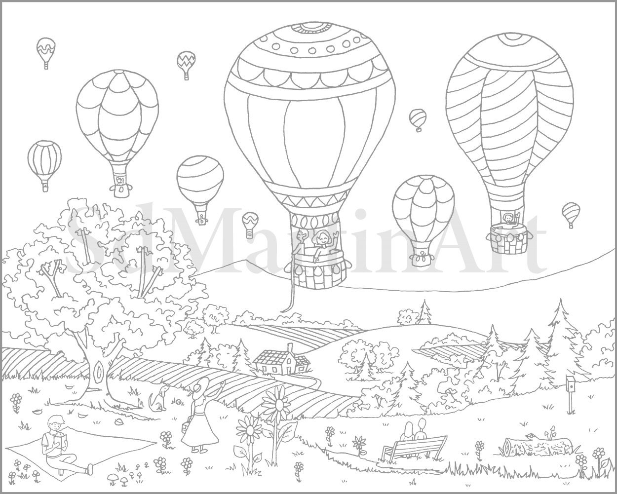 Hot Air Balloon Happiness-printable Adult Coloring Book Page-for Adults ...