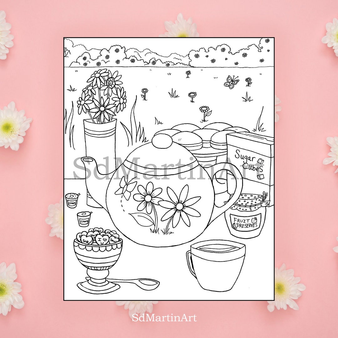 Tea Party-tea Pot-picnic-printable Adult Coloring Book Page-for Adults ...
