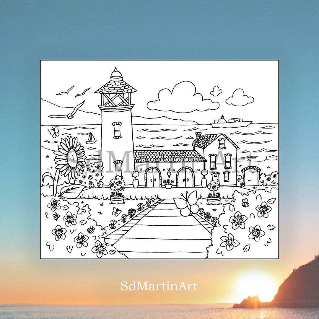 Lighthouse by the Sea-printable Adult Coloring Book Page-for Adults ...