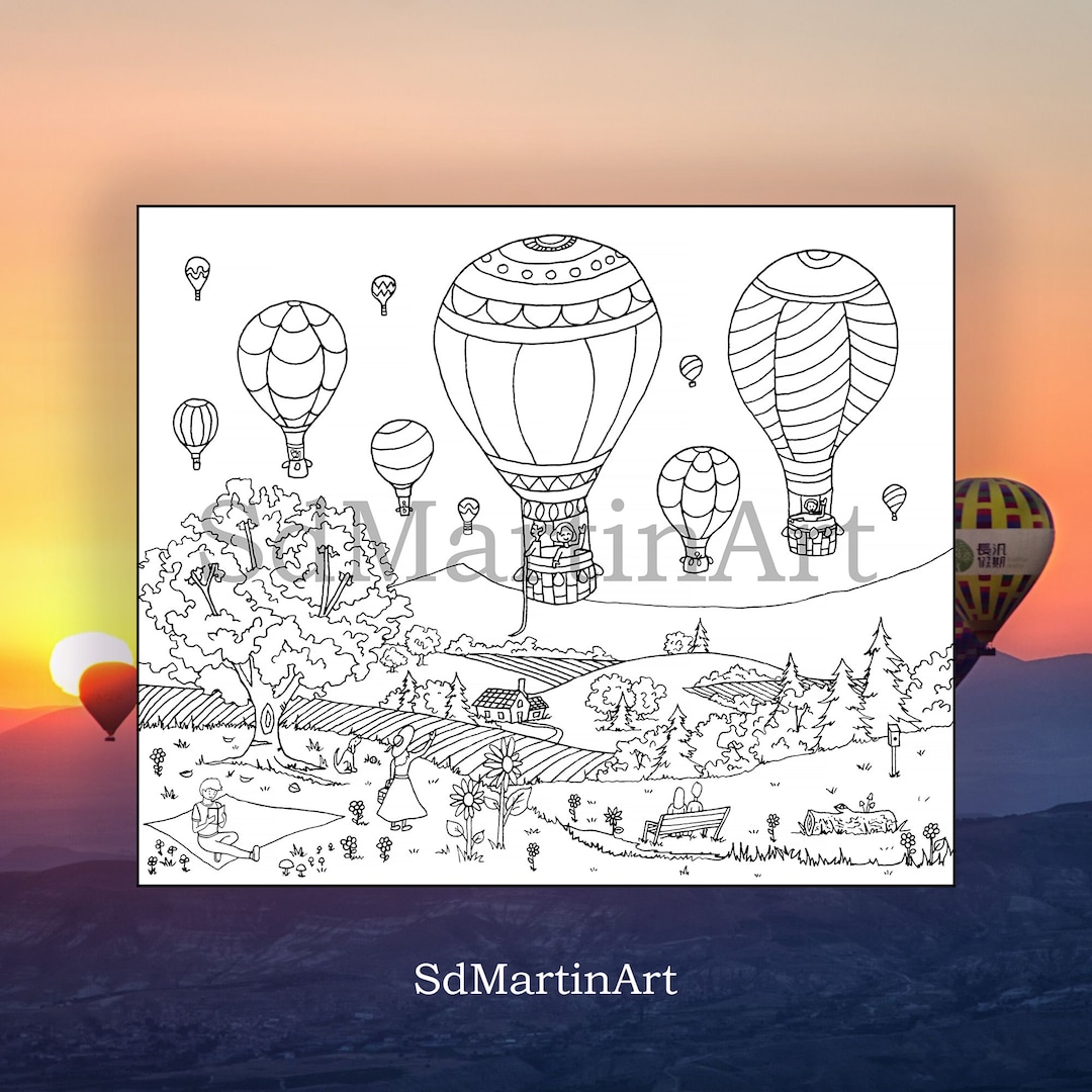 Hot Air Balloon Happiness-printable Adult Coloring Book Page-for Adults ...