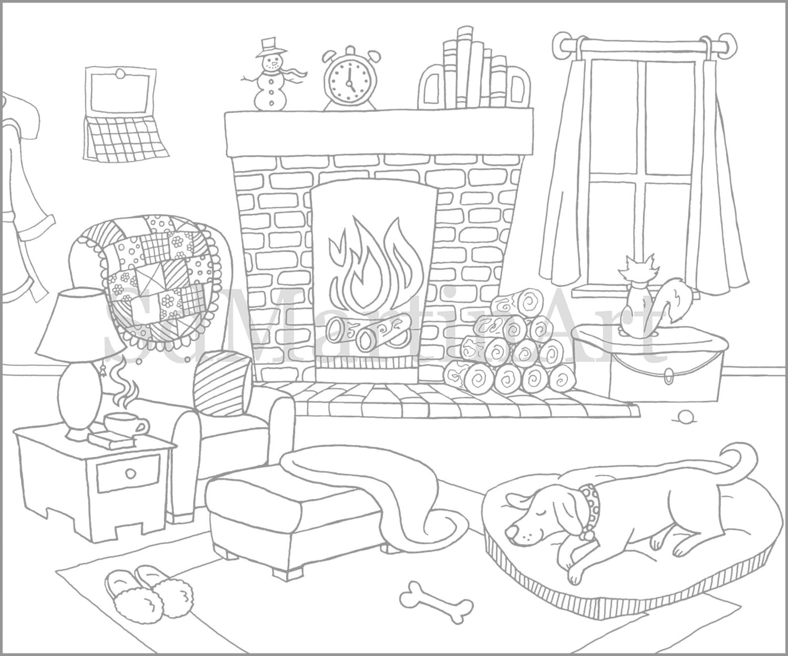 Printable Adult Coloring Page-cozy Fireplace-house Interior-coloring ...