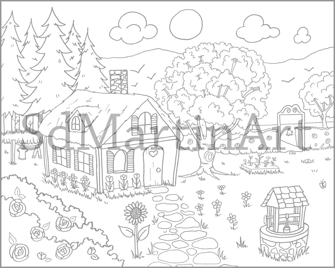 Cozy Cottage Coloring Page: Hand-drawn Illustration (digital Download ...