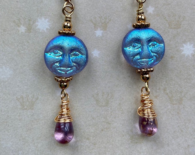 Moon Earrings, Full Moon Jewelry for Women, Moon Face Earrings, Czech ...