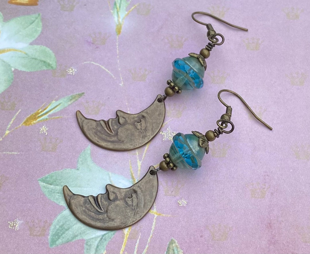 Moon Earrings, Antique Brass Crescent Moon Face Earrings, Moon Jewelry ...