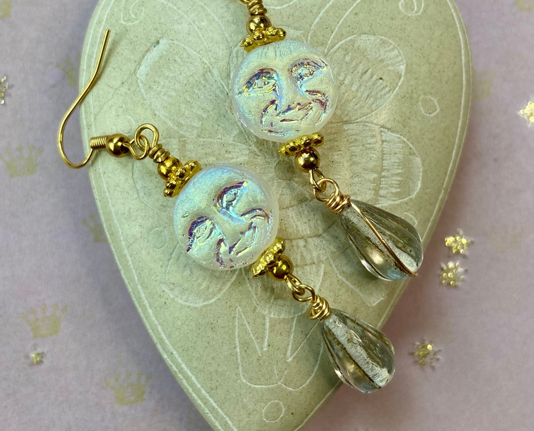 Full Moon Earrings, Moon Face Czech Glass Jewelry, Moon Gift for Her ...