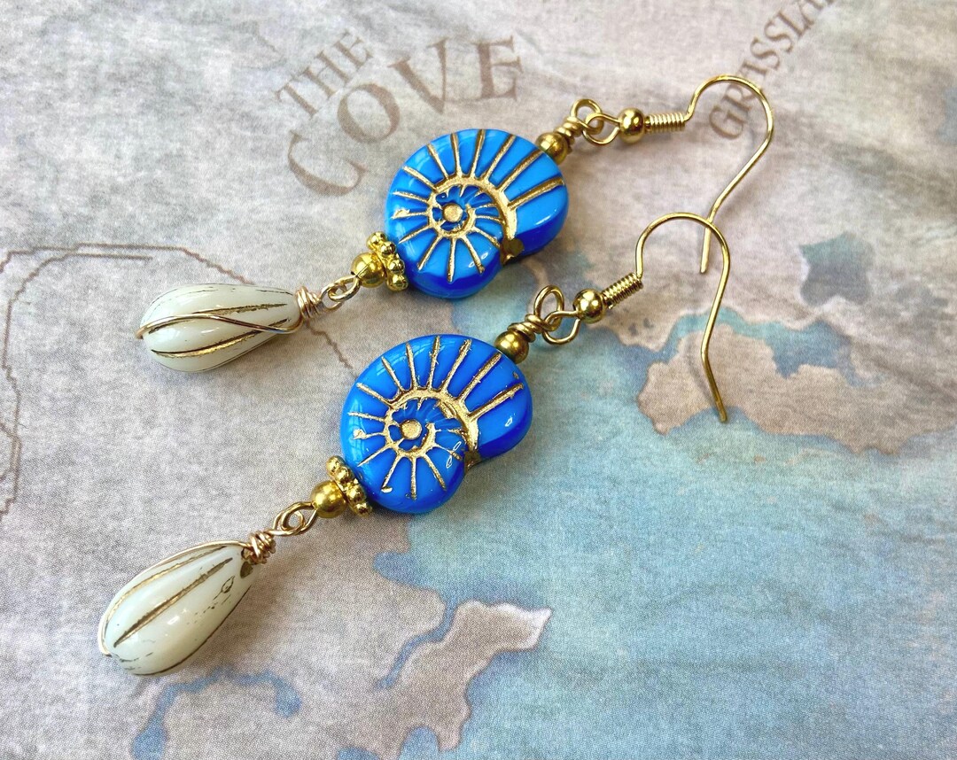 Czech Glass Nautilus Shell Earrings: Blue & Gold Ocean Jewelry - Etsy