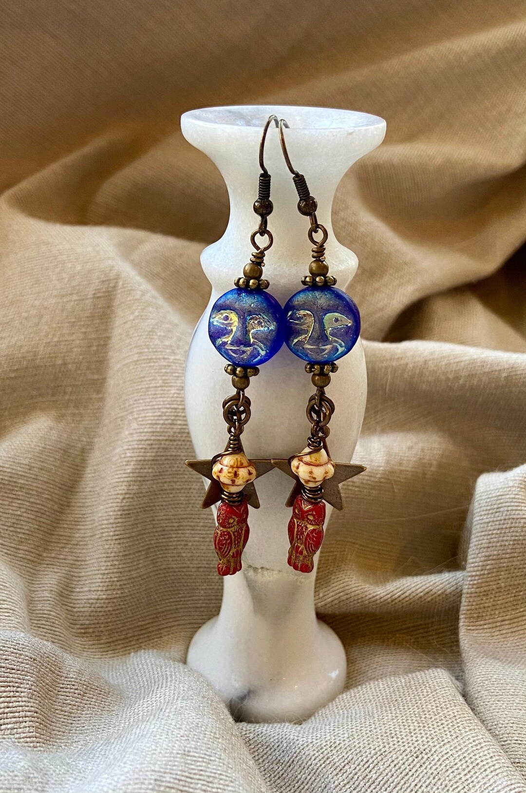 Full Moon Earrings, Moon Face Earrings, Man in the Moon Earrings, Czech ...