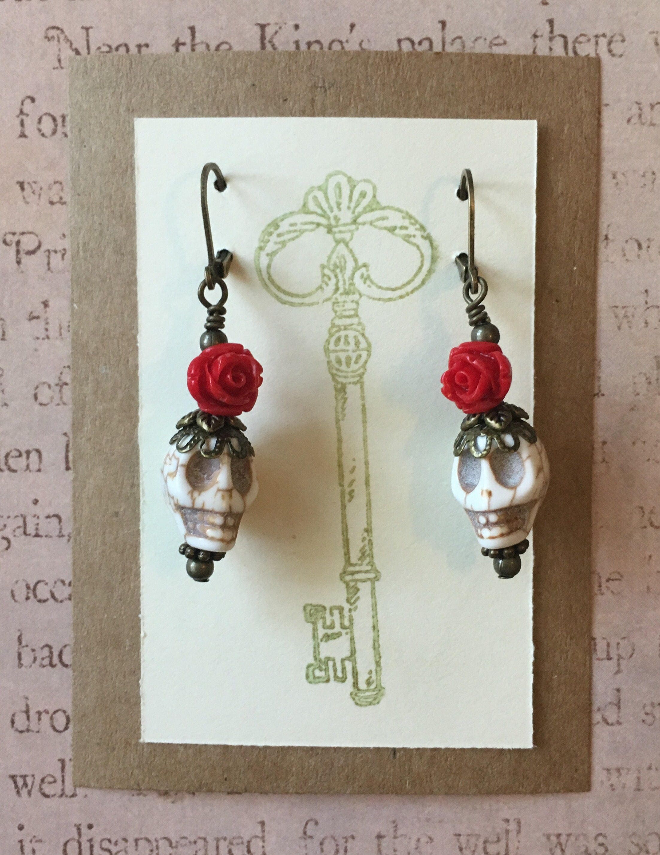 Stone Skull Earrings Day of the Dead Earrings Red Roses | Etsy