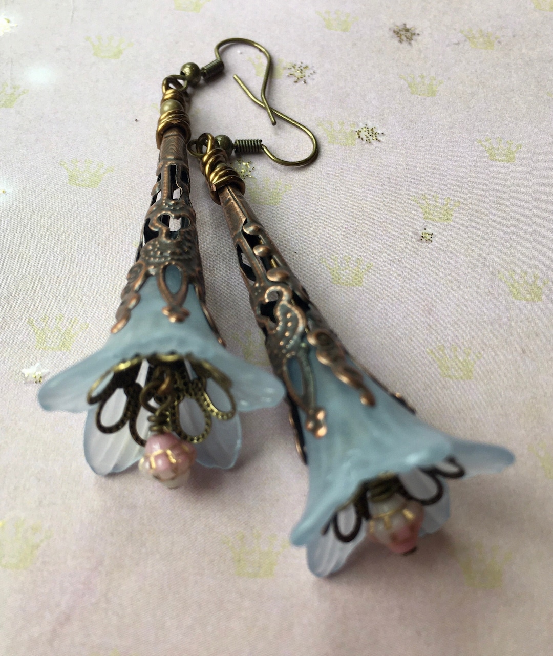 Blue Lucite Flower Earrings, Long Stem Flower Earrings, Filigree Cone ...