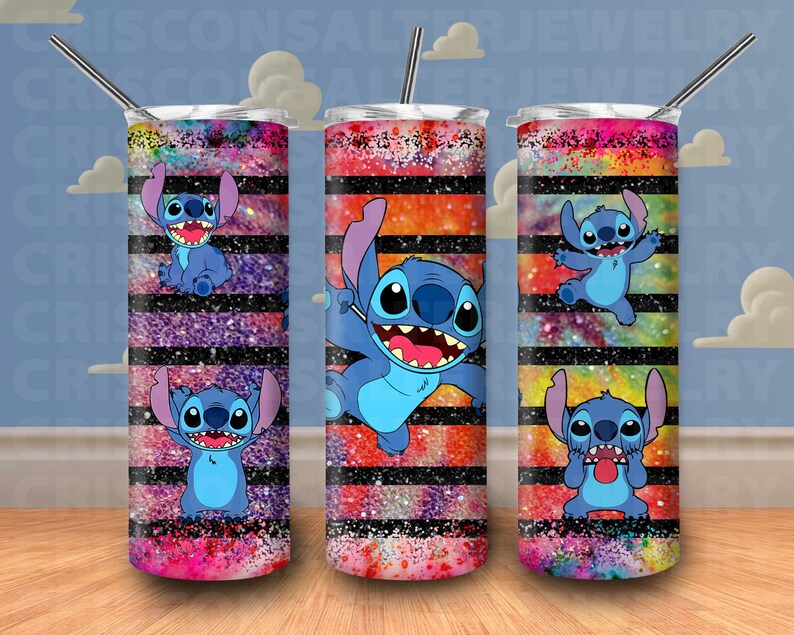 Ddisney Stitch 20oz Skinny Tumbler Sublimation Tie Dye Color Glitter ...