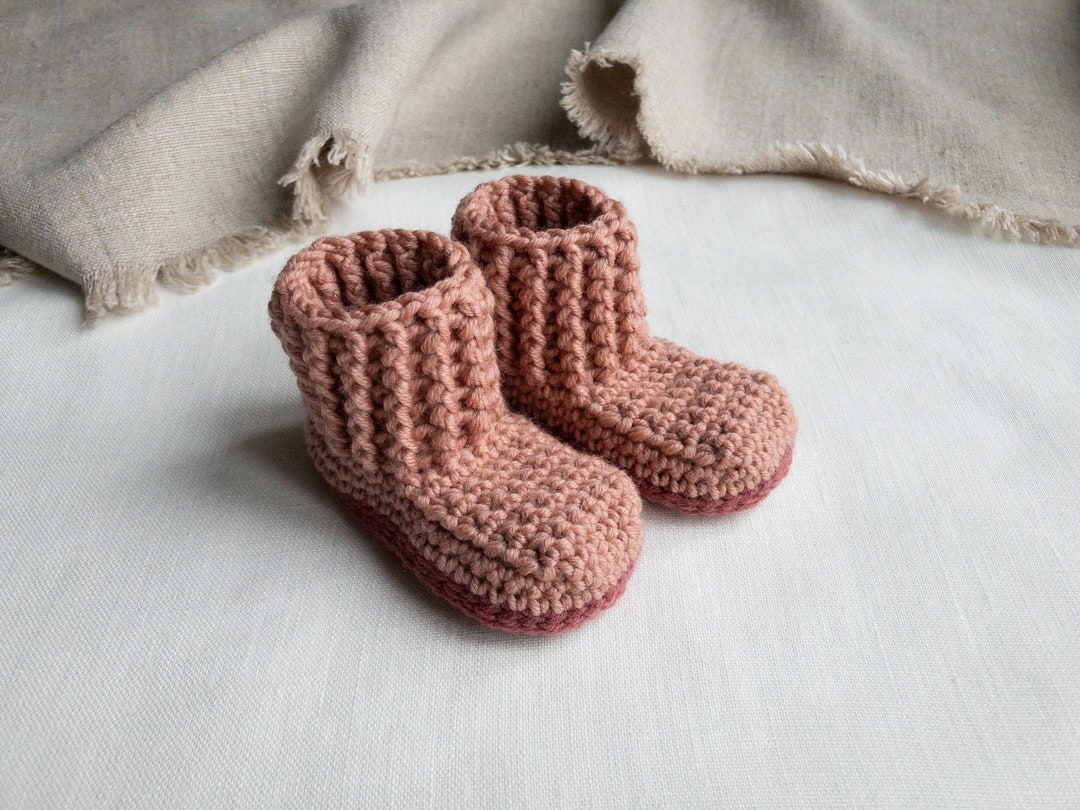 Newborn Double Thick Sole Booties, Rose Pink, 100% Merino Wool, Crochet ...
