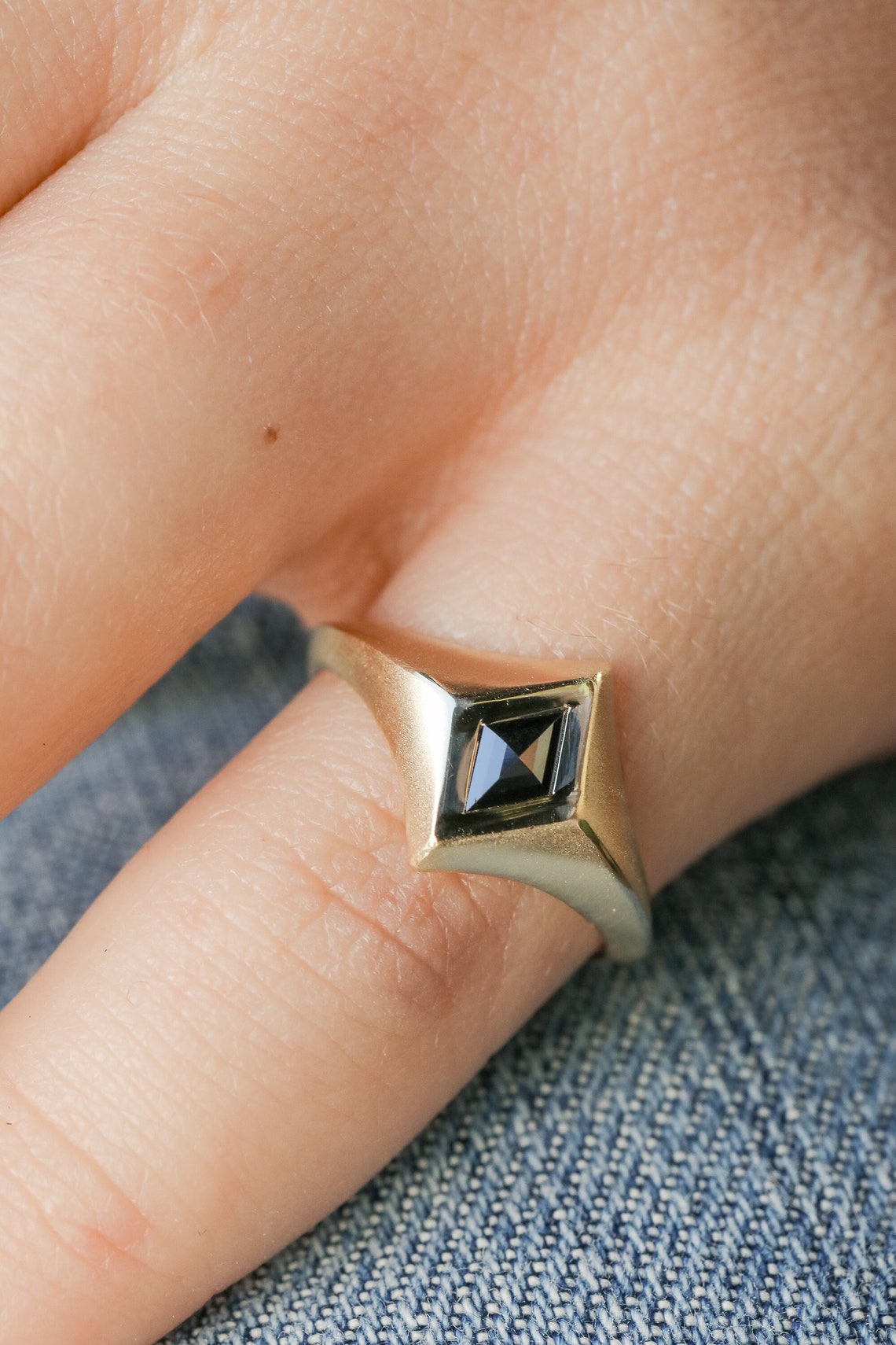Rhombus Black Diamond Signet Ring 14k Gold Ring Fine - Etsy