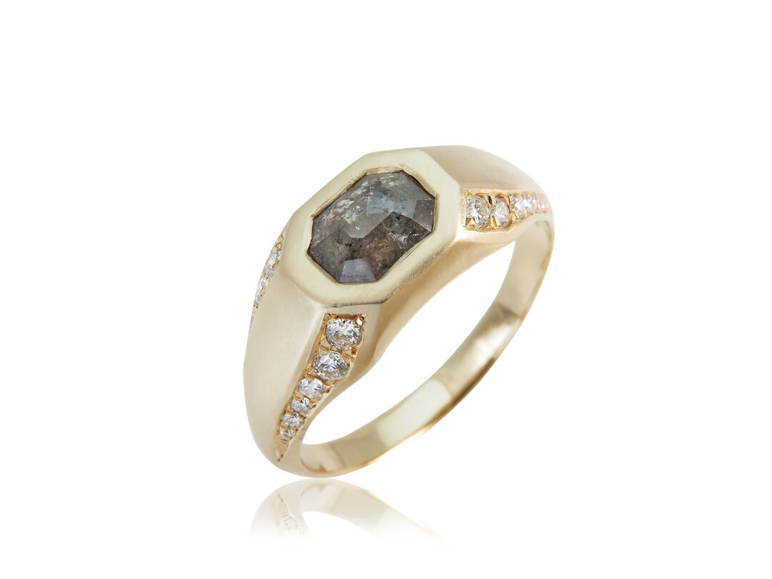 14k Gold Signet Ring || Salt and Pepper Diamond Ring || Fine Jewelry - Etsy