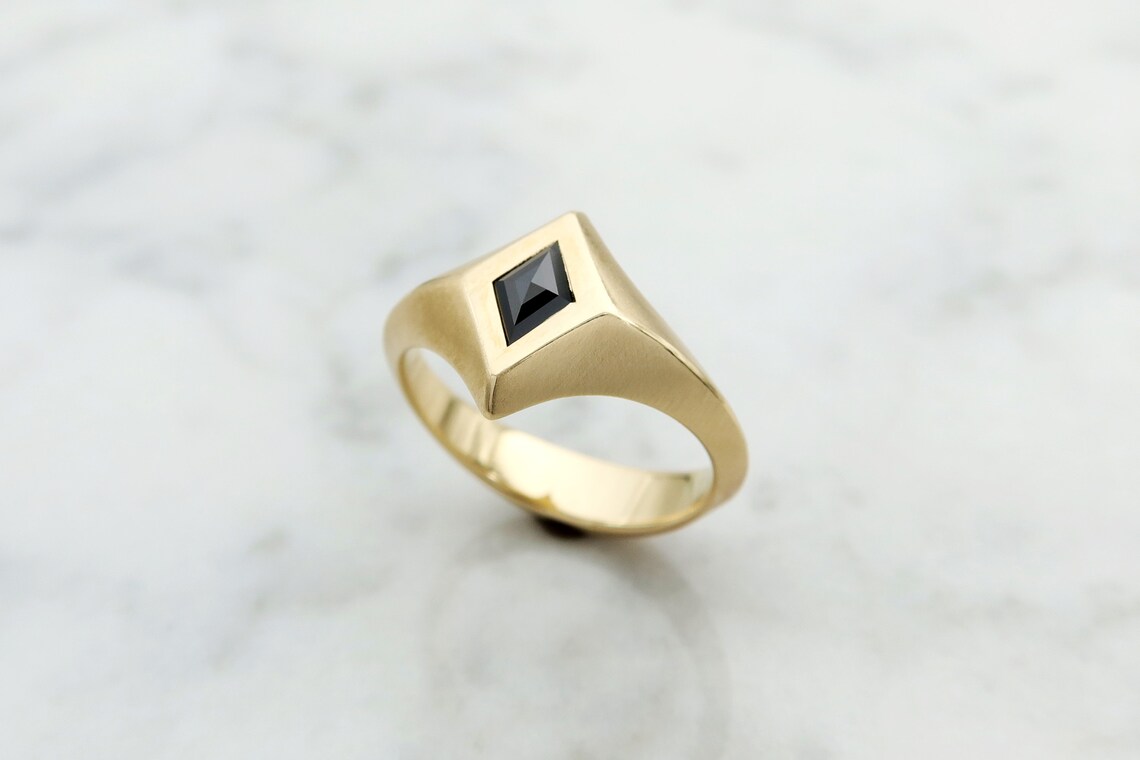 Rhombus Black Diamond Signet Ring 14k Gold Ring Fine - Etsy
