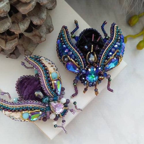 Embroidered Bug Brooch Beetle Jewelry Pink Mint Insect Pin - Etsy
