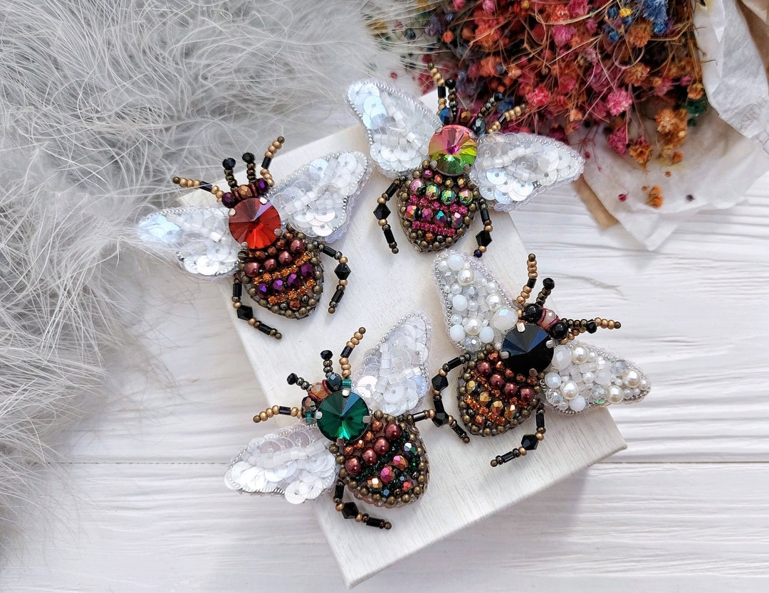 Beaded Handcrafted Black Insect Brooch Pin, Hand Embroidery Moth Brooch ...