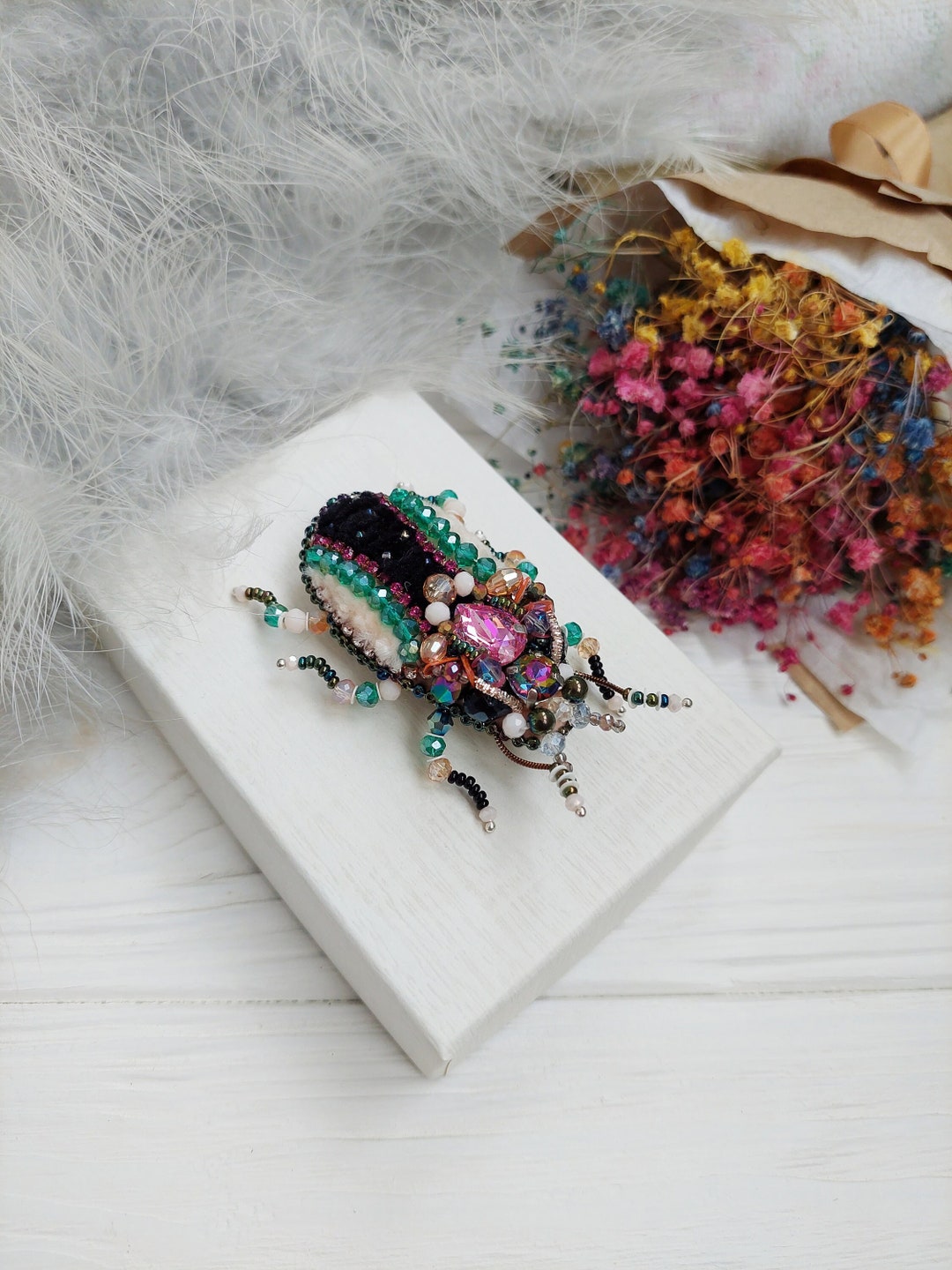 Stag Beetle Brooch Pin Embroidery Beaded Brooch Art Glass Brooch Insect ...