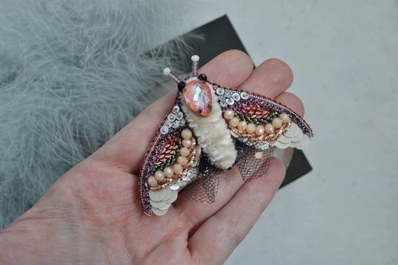 Moth Beaded Pin Butterfly Embroidery Brooch Baige Moth - Etsy