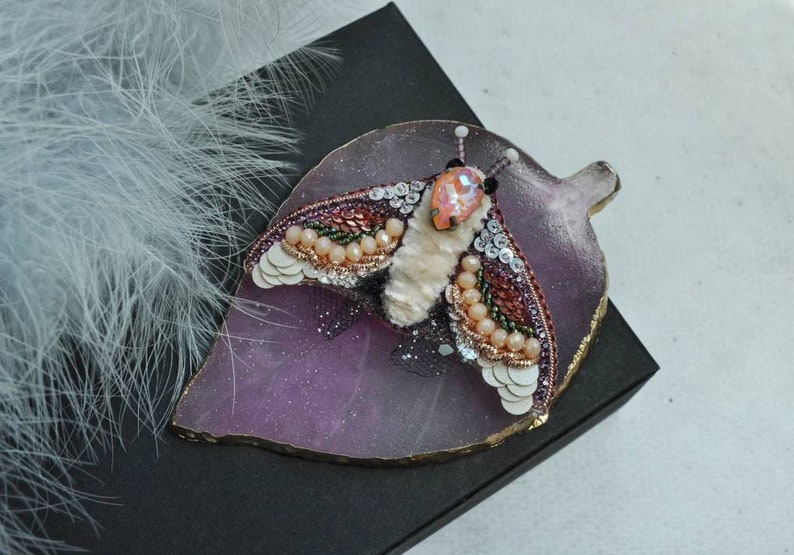 Moth Beaded Pin Butterfly Embroidery Brooch Baige Moth - Etsy