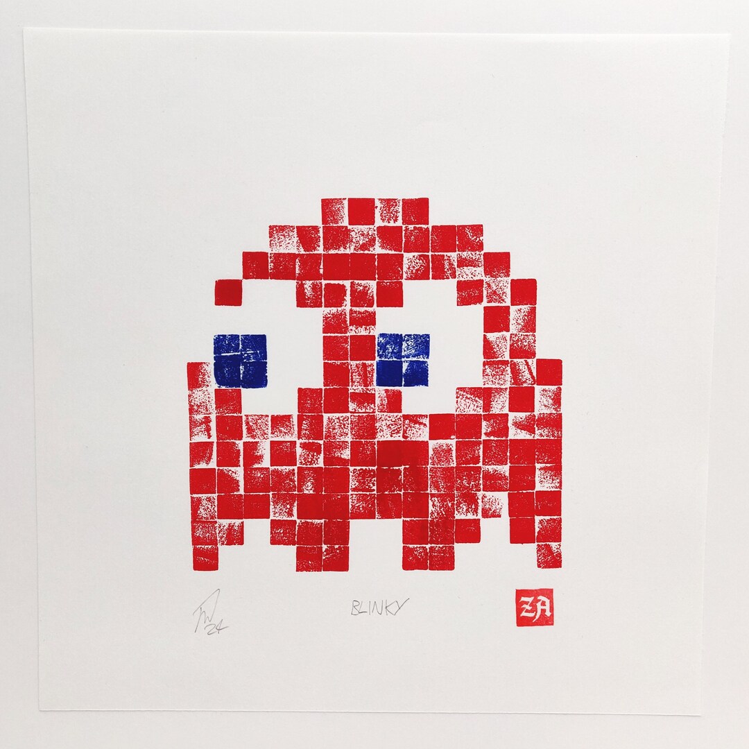 Blinky Red Pacman Ghost Pixel Art Woodcut Print - Etsy