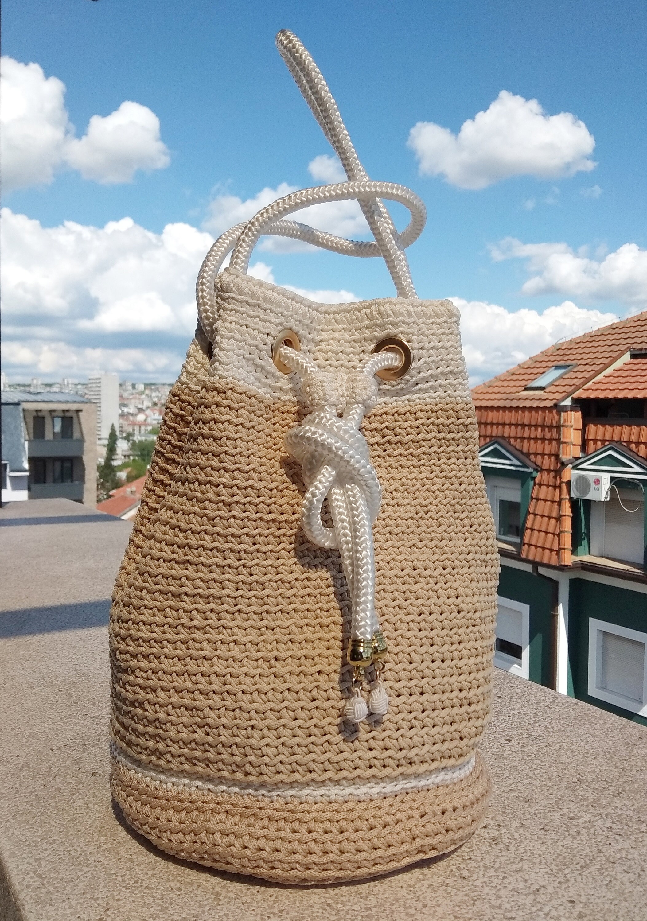 Crochet Bucket Bag-beige Shoulder Bag-drawstring Bag-urban - Etsy