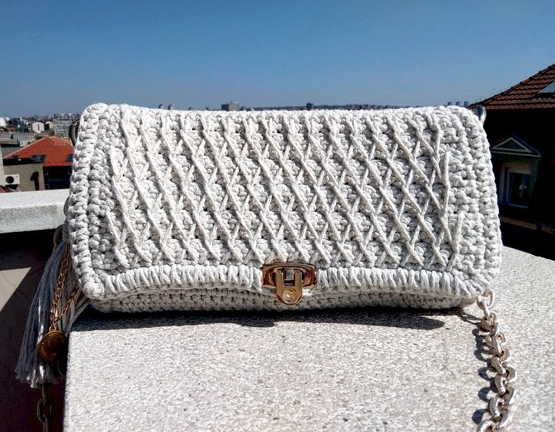 Crochet Purse White Wedding Bag Flap Bag Crochet Shoulder Bag Wedding ...