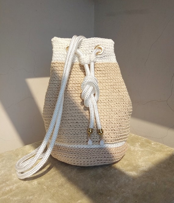 Crochet Bucket Bag-beige Shoulder Bag-drawstring Bag-urban - Etsy