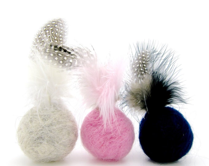 Felted Wool Ball Cat Toy With Feathers - Etsy