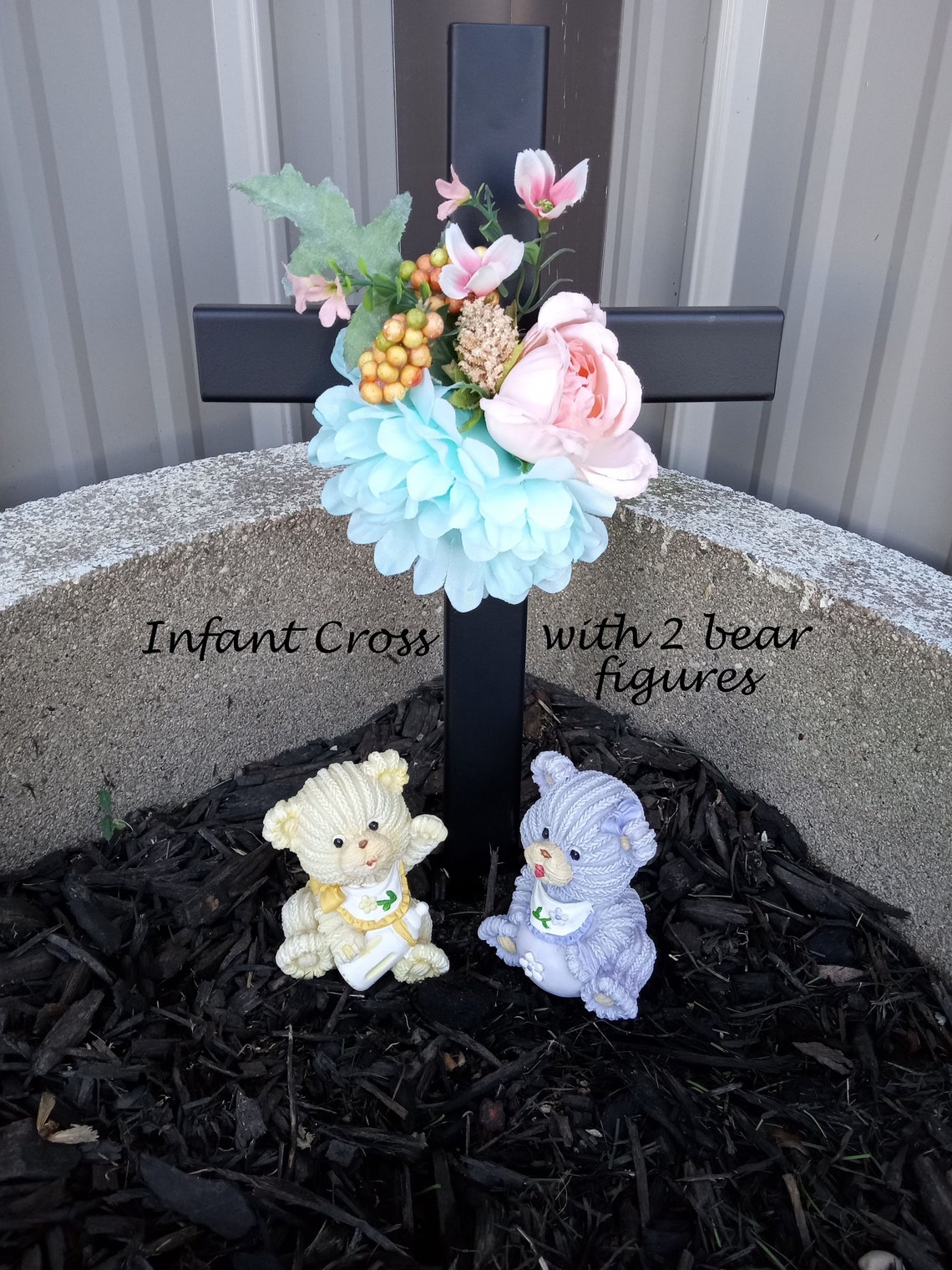 STEEL Infant Cross With Bear Figures// Infant Grave Marker// Baby Cross ...