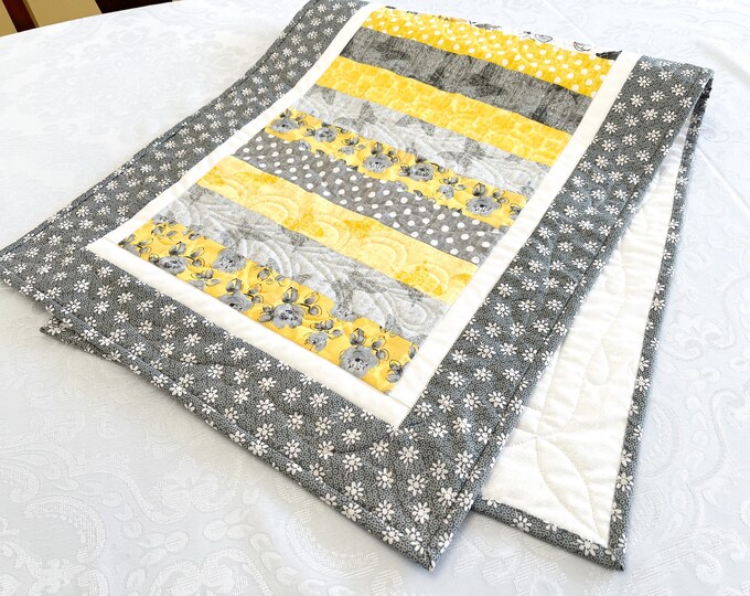Quilted Table Runner, Gray Modern Coffee Table Linens, Neutral Quilted ...