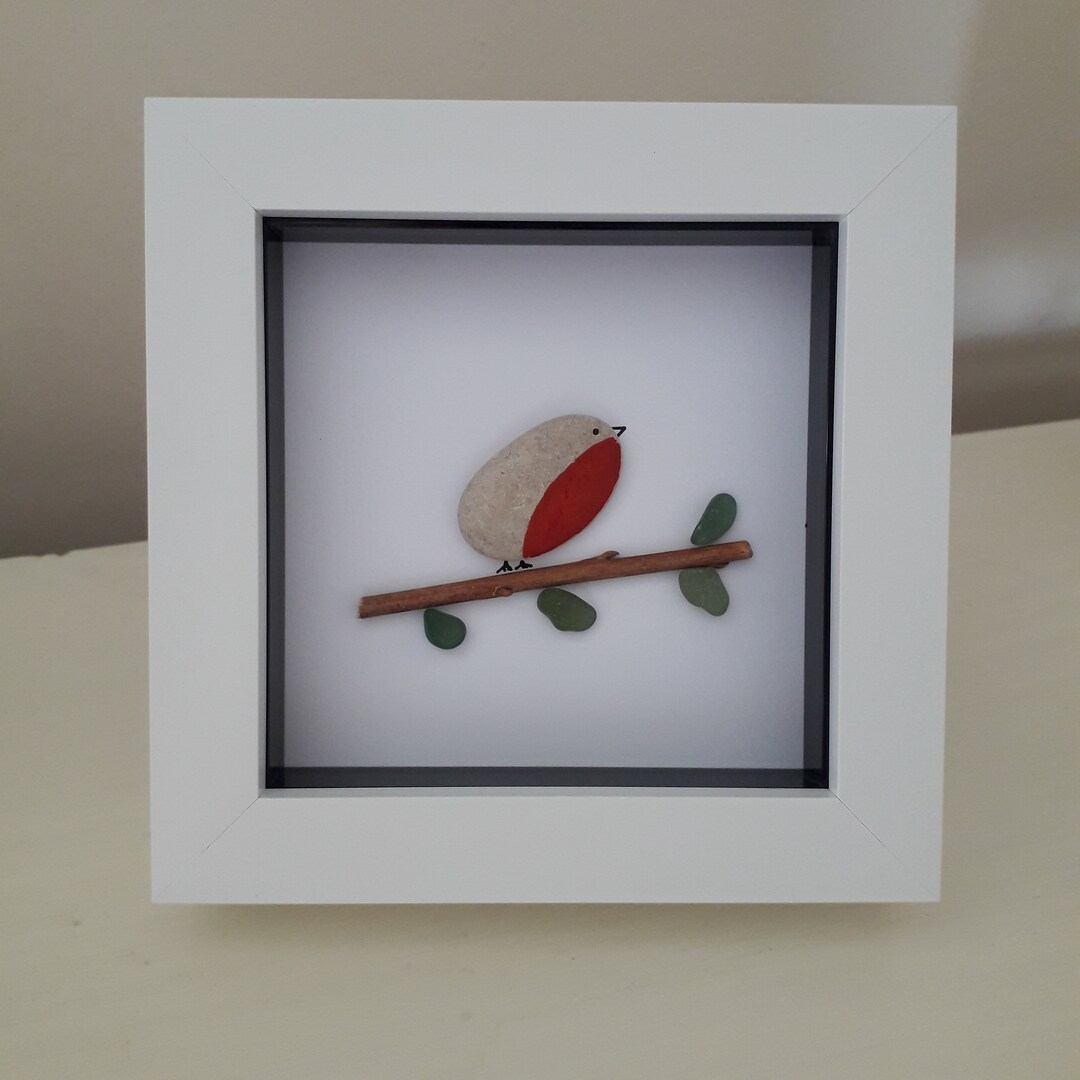 Robin Sea Glass & Pebble Art 5 X 5 Inches, Framed Beach Glass and Stone ...