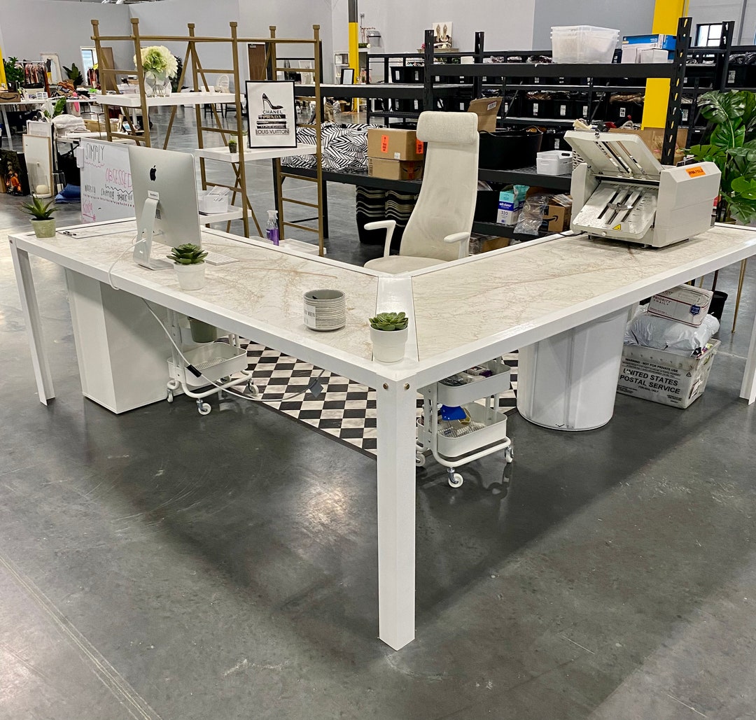 Handmade L-shaped Epoxy Resin Desk: Modern White & Gold Industrial ...