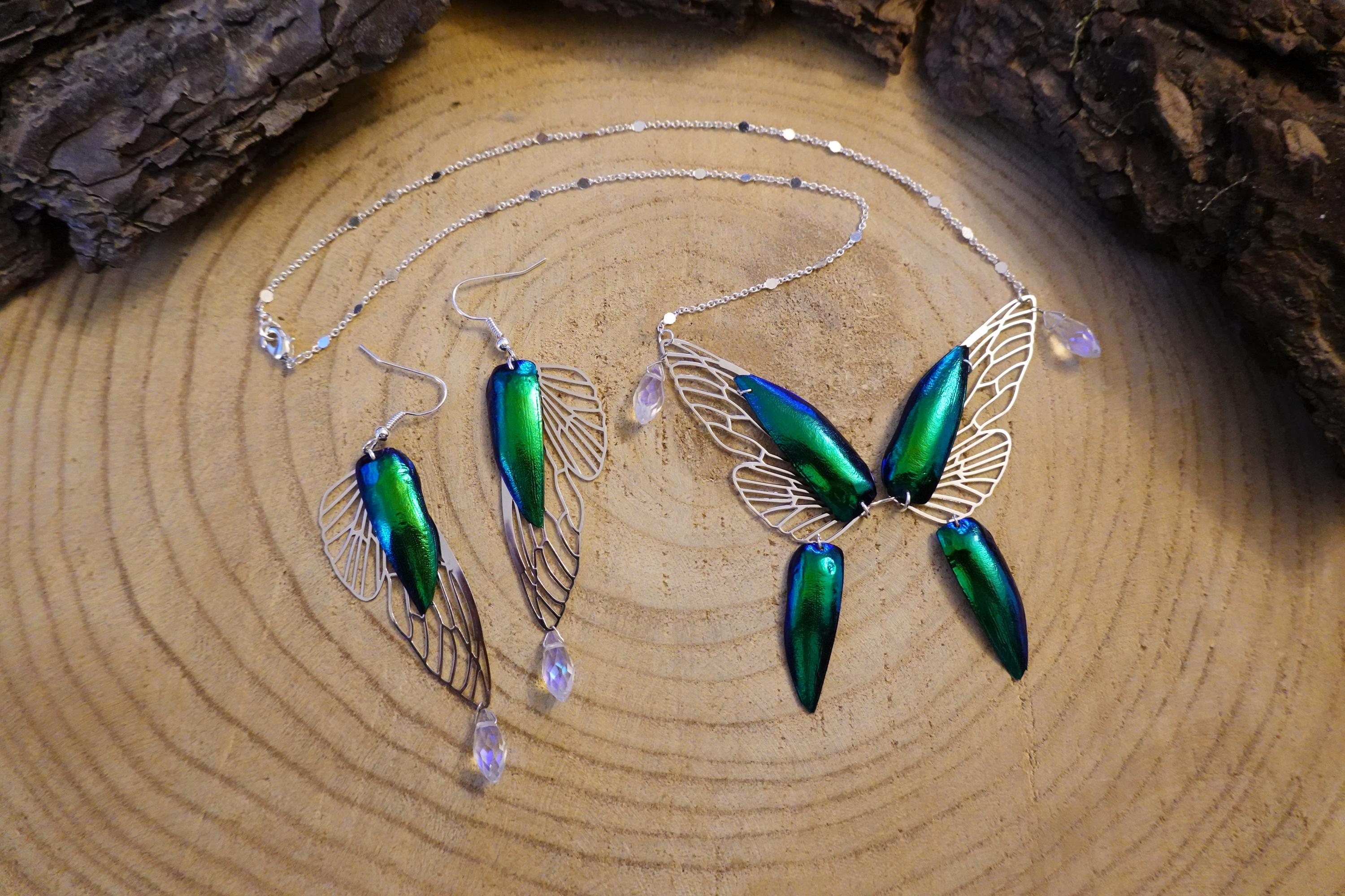 Butterfly Wing Jewelry Set, Silver Earrings and Necklace, Dragonfly ...