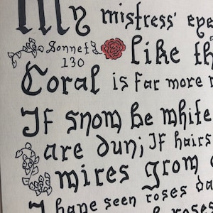 Sonnet 130 by William Shakespeare//handwritten Calligraphy Poem - Etsy