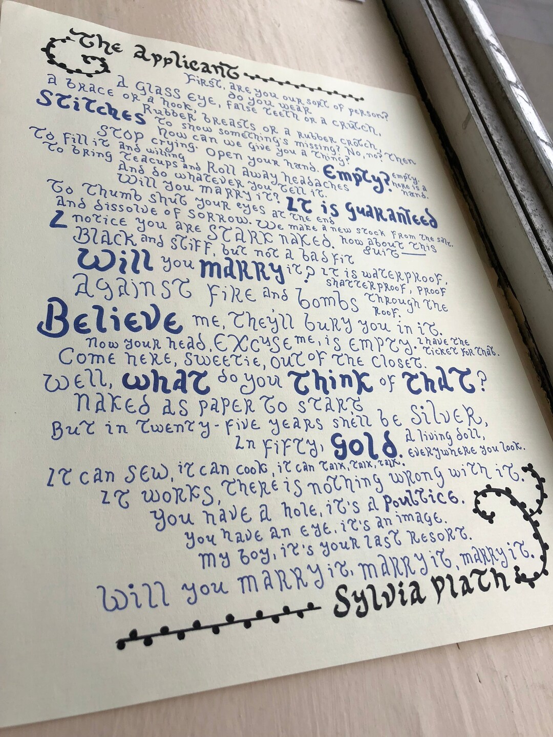 Sylvia Plath Poem//the Applicant//calligraphy//8.5' by 11'//blue and ...