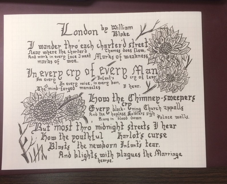 William Blake Calligraphy Poem //London with Sunflowers | Etsy