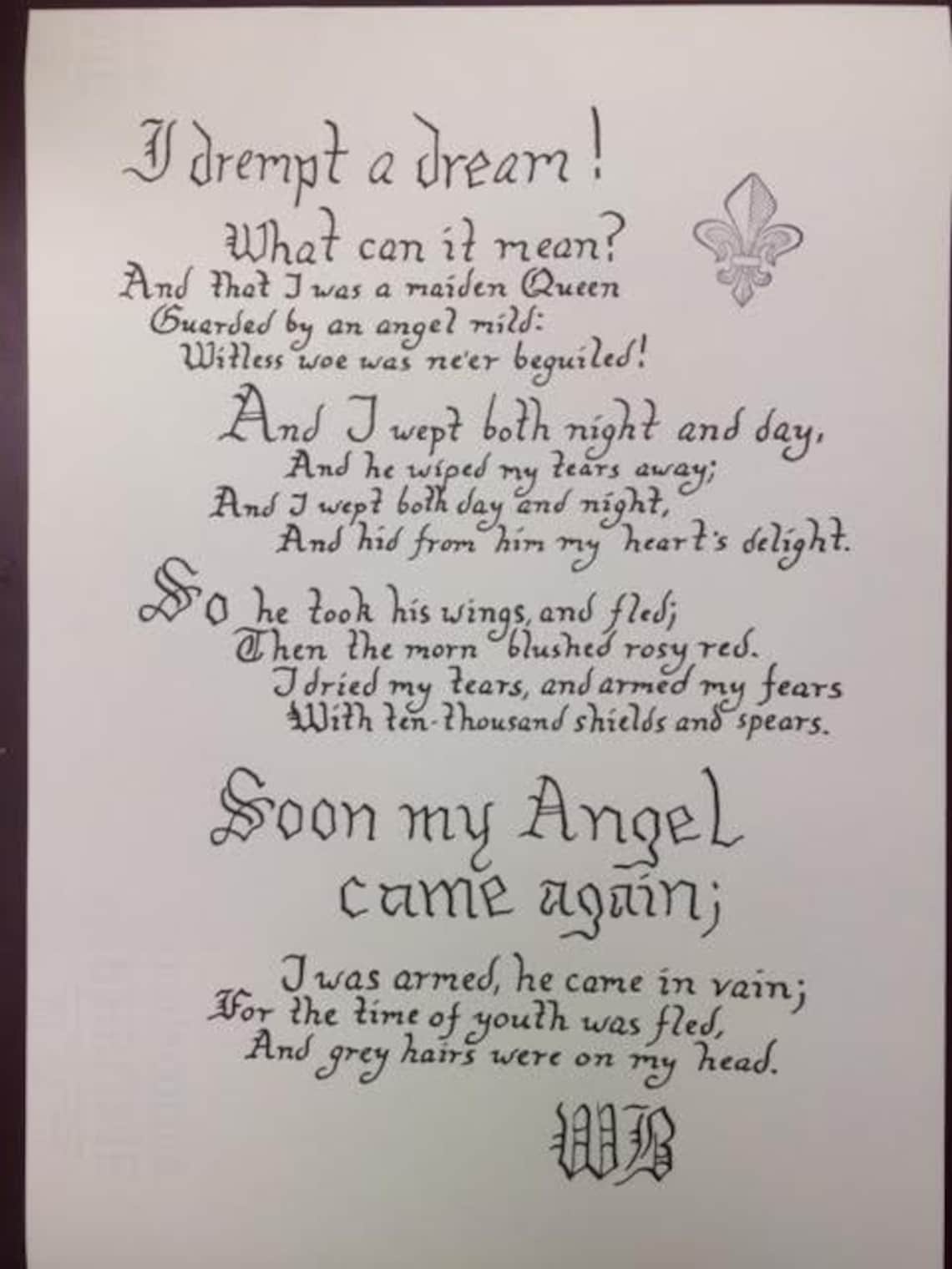 The Angel Poem by William Blake Handwritten Calligraphy - Etsy