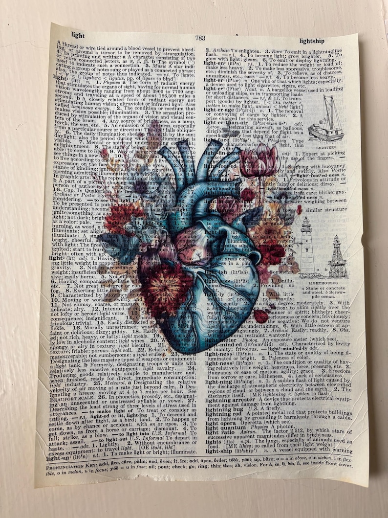 Colorful Heart With Flowers on Upcycled Book Paper//vintage Dictionary ...