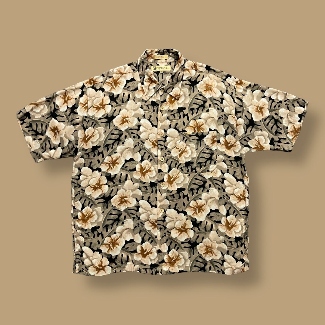 Vintage Hawaiian Shirt Floral Leaf Print Button Down 90s Y2k Rayon