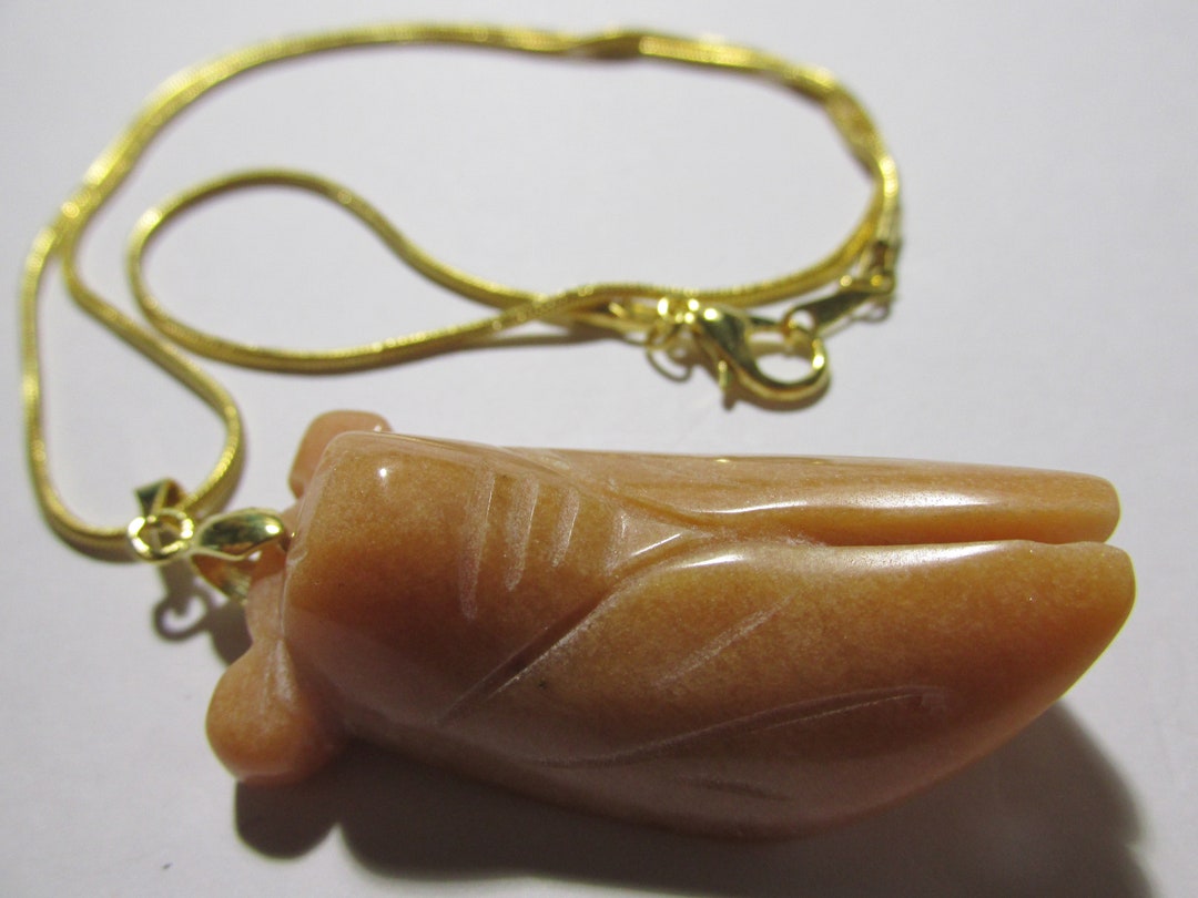 Carved Orange Jade Stone Cicada Charm-pendant With Gold Tone Chain, 16 ...