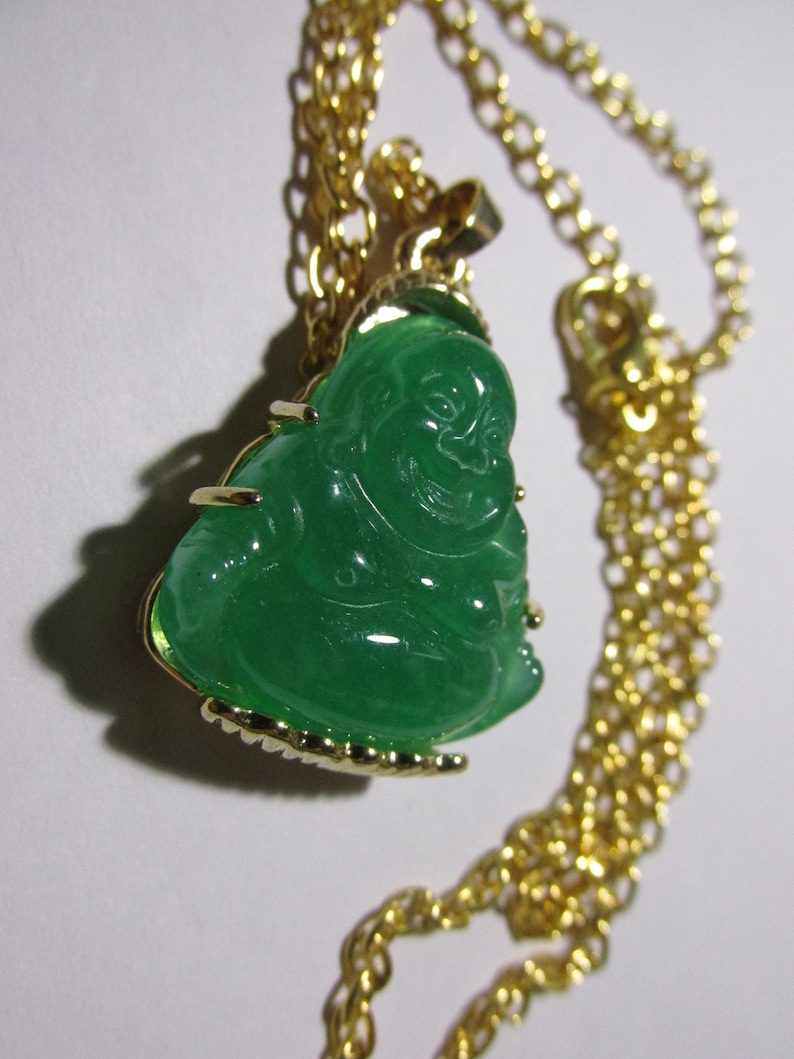 Green Jade Laughing Buddha Pendant With Gold Tone Chain - Etsy