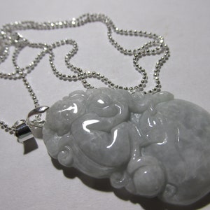 Carved Whitish-gray Jade Pendant of Monkey Holding Peach on Silver Tone ...