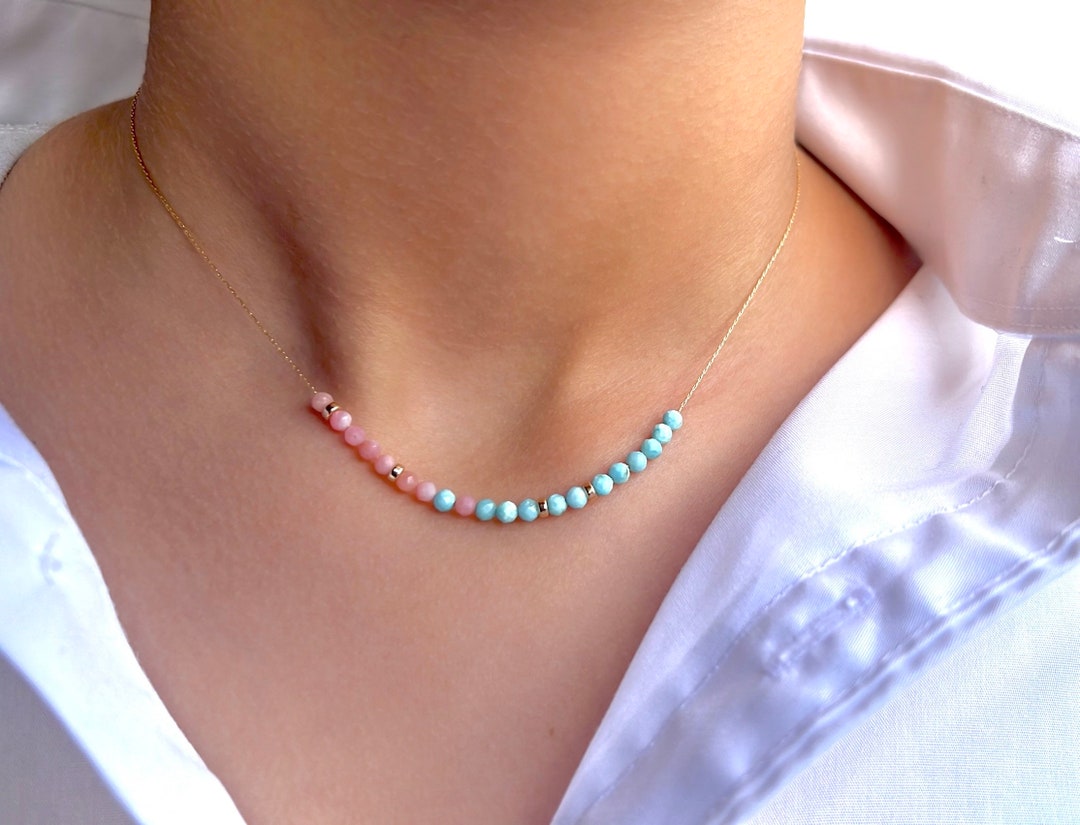 Larimar & Pink Opel Beaded Necklace Choker 14k Rose | Gold Filled ...