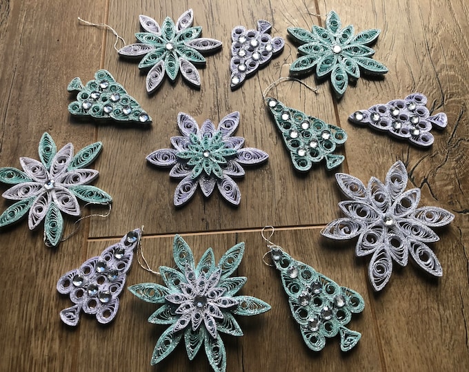 Set of 12 Christmas Ornaments Light Blue, Handmade Decorations ...